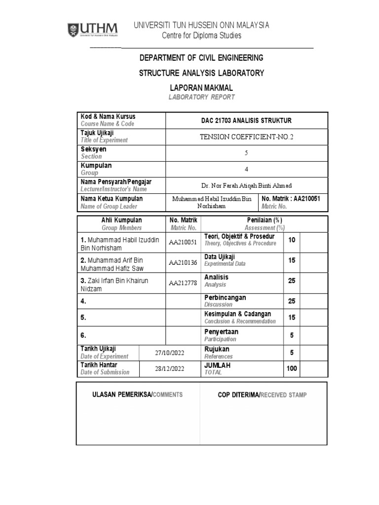 UTHM Civil Lab Report Tension Coefficient | PDF | Tension (Physics) | Force