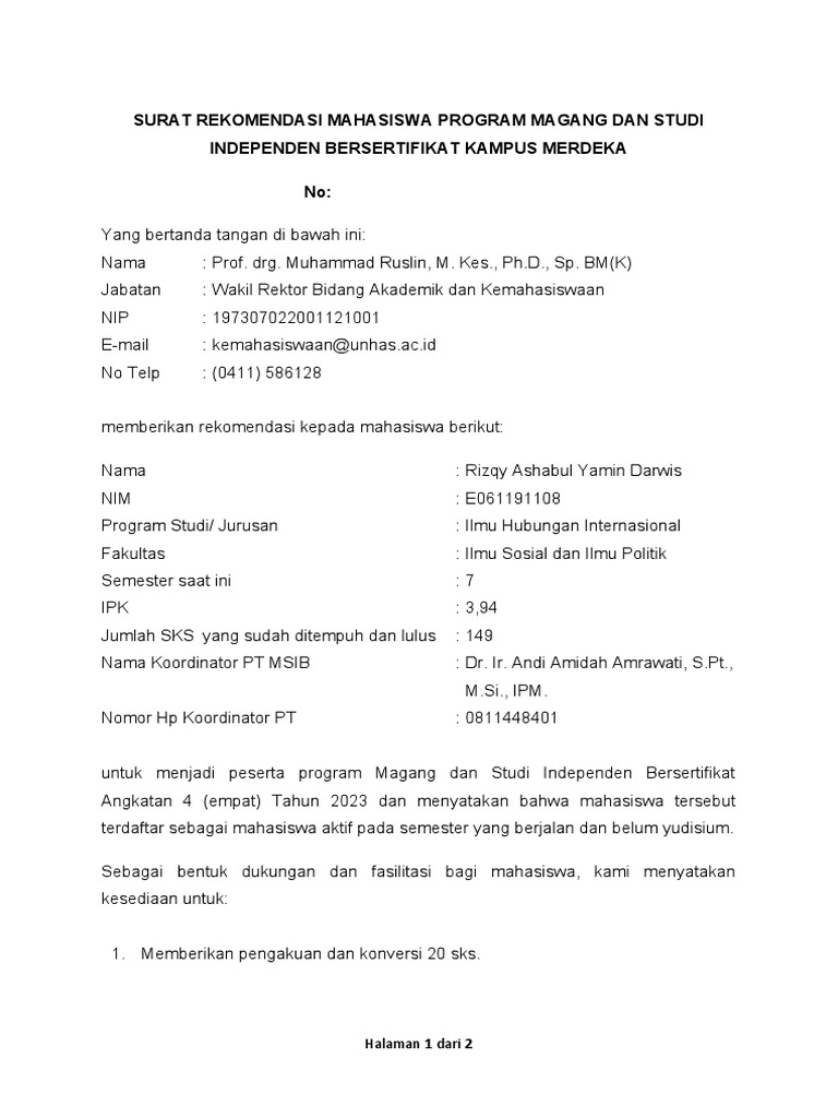 (Format) Surat Rekomendasi PT Untuk Mahasiswa Program MSIB Angkatan 4 | PDF