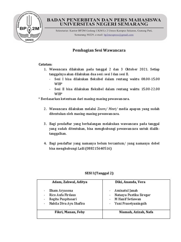 Jadwal Wawancara Irma dan Diva | PDF