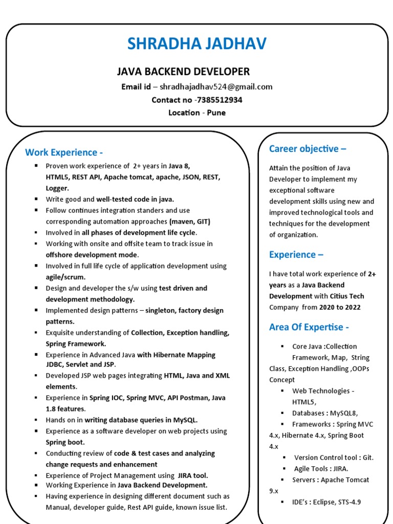 Shradha Jadhav: Java Backend Developer | PDF | Spring Framework | Java (Programming Language)