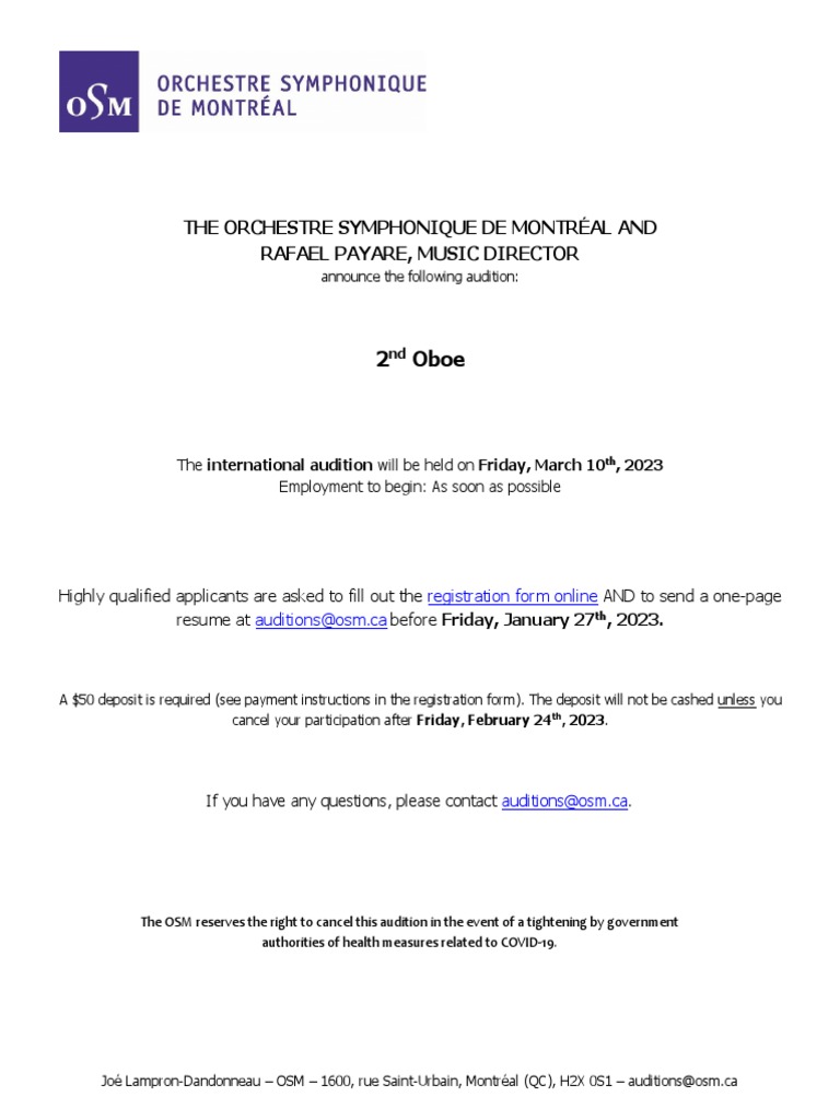 OSM International Audition 2nd Oboe | PDF | Orchestras | Suite (Music)