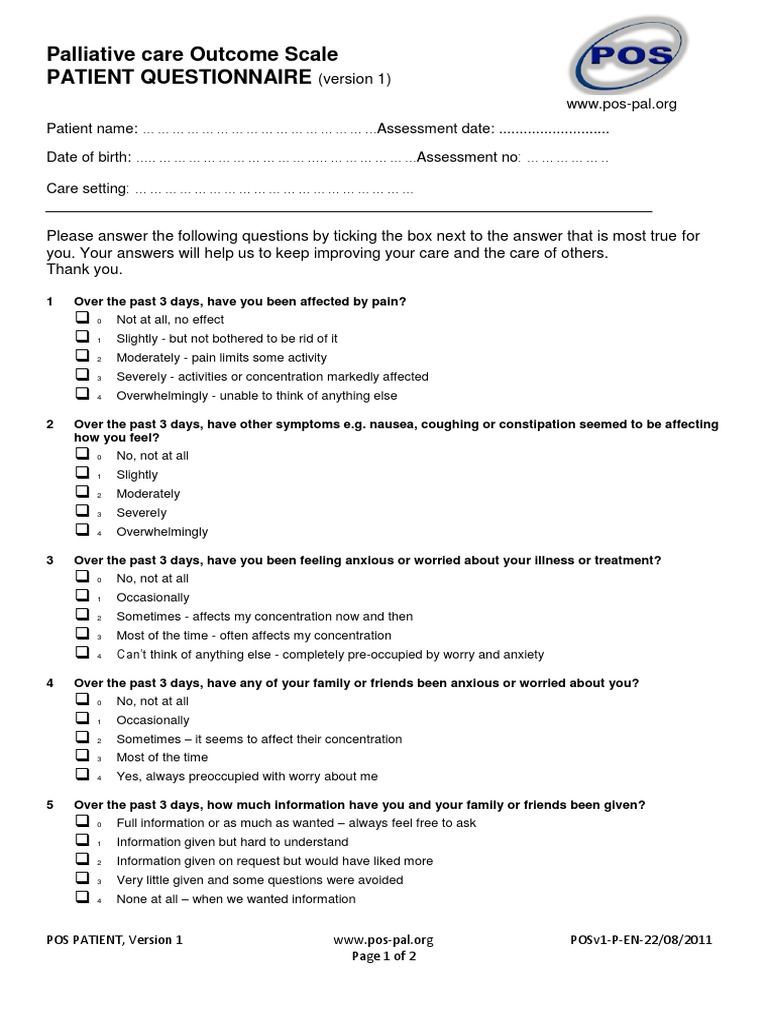POS Questionnaire v1 Patient EN-22-08-2011 | PDF | Anxiety | Palliative Care