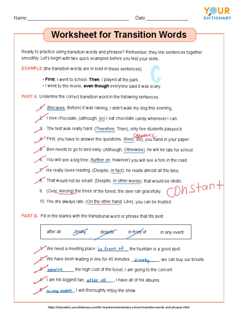 Transition Words - Exercise 2 | PDF