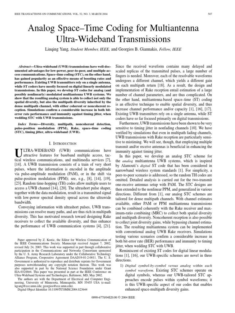 Analog Space Time Coding For Multiantenna Ultra Wideband Transmissions Pdf Ultra Wideband