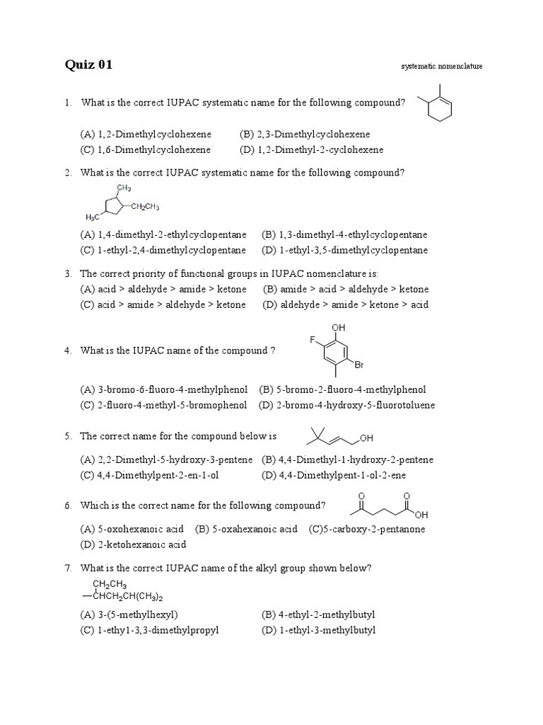 Quiz 01: Systematic Nomenclature | Download Free PDF | Ketone | Carbon ...