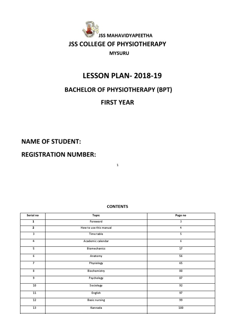 JSS College BPT Lesson Plan 2018-19 | PDF | Force | Skeletal Muscle