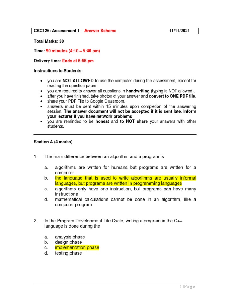 Answer Scheme Quiz CSC126 - Okt2021 | PDF | Computer Program | Programming