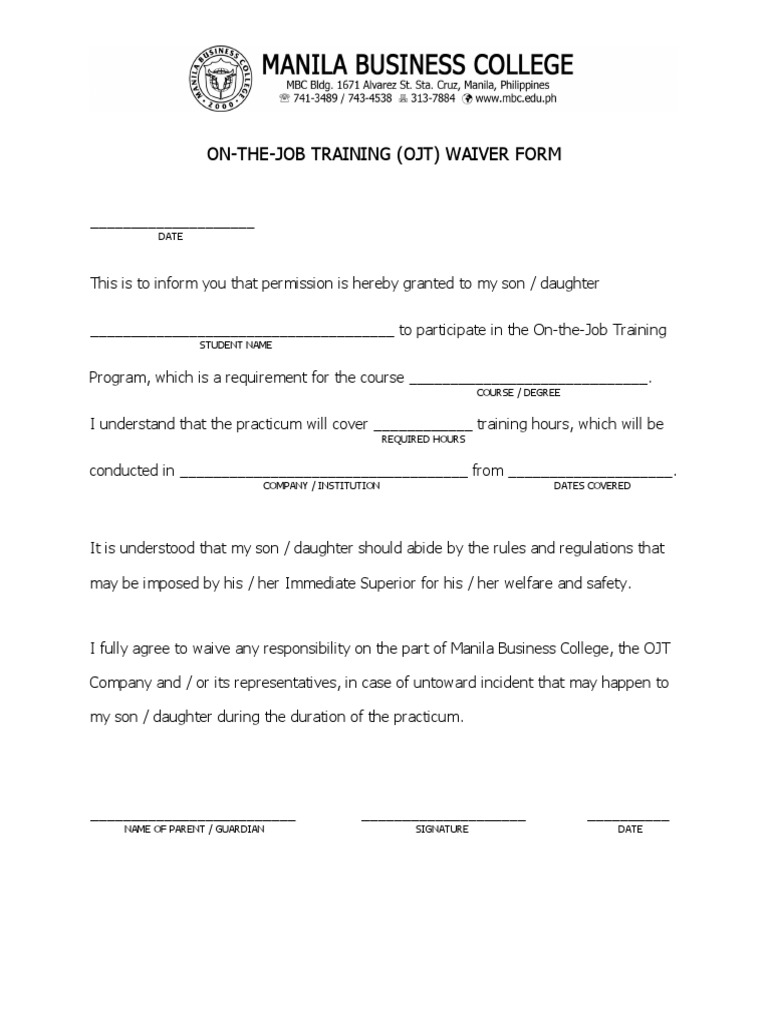 On-The-Job Training (Ojt) Waiver Form | PDF