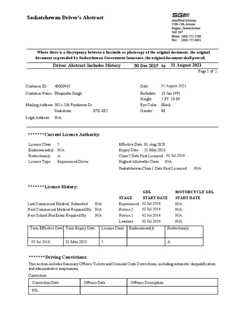 Driver Abstract | PDF | Land Transport | Common Law