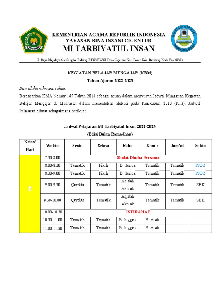 Jadwal KBM MI Tarbiyatul Insan 2022-2023 | PDF | Ilmu Sosial