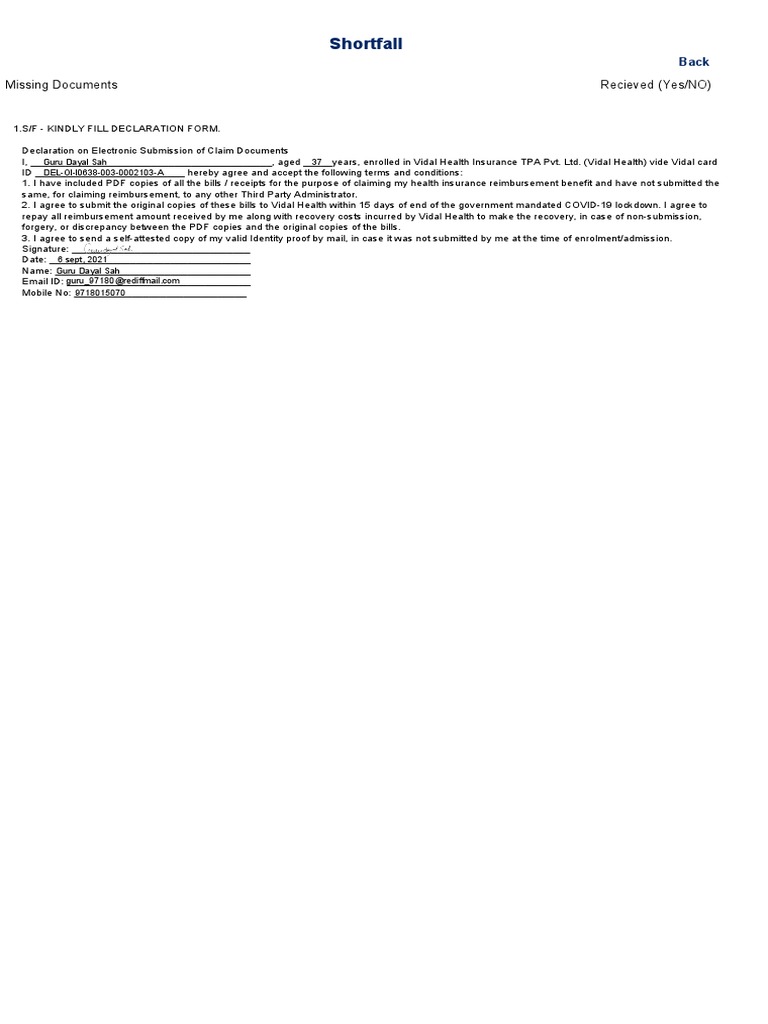 Shortfall: Missing Documents Recieved (Yes/NO) | PDF