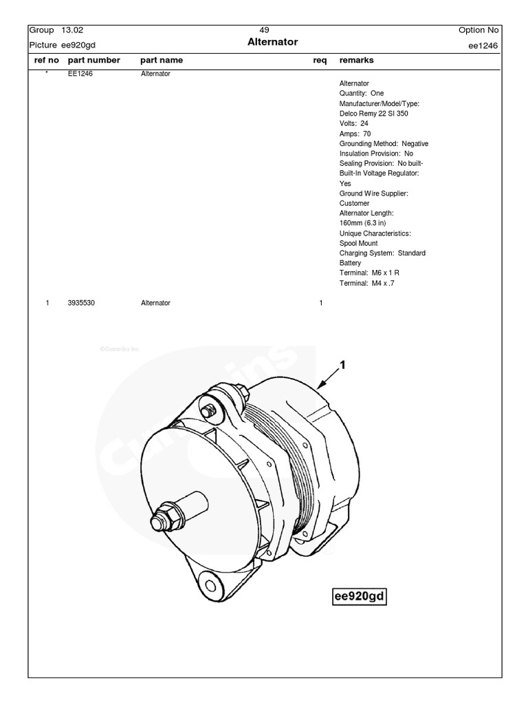 Alternator: Ref No Part Number Part Name Req Remarks | PDF
