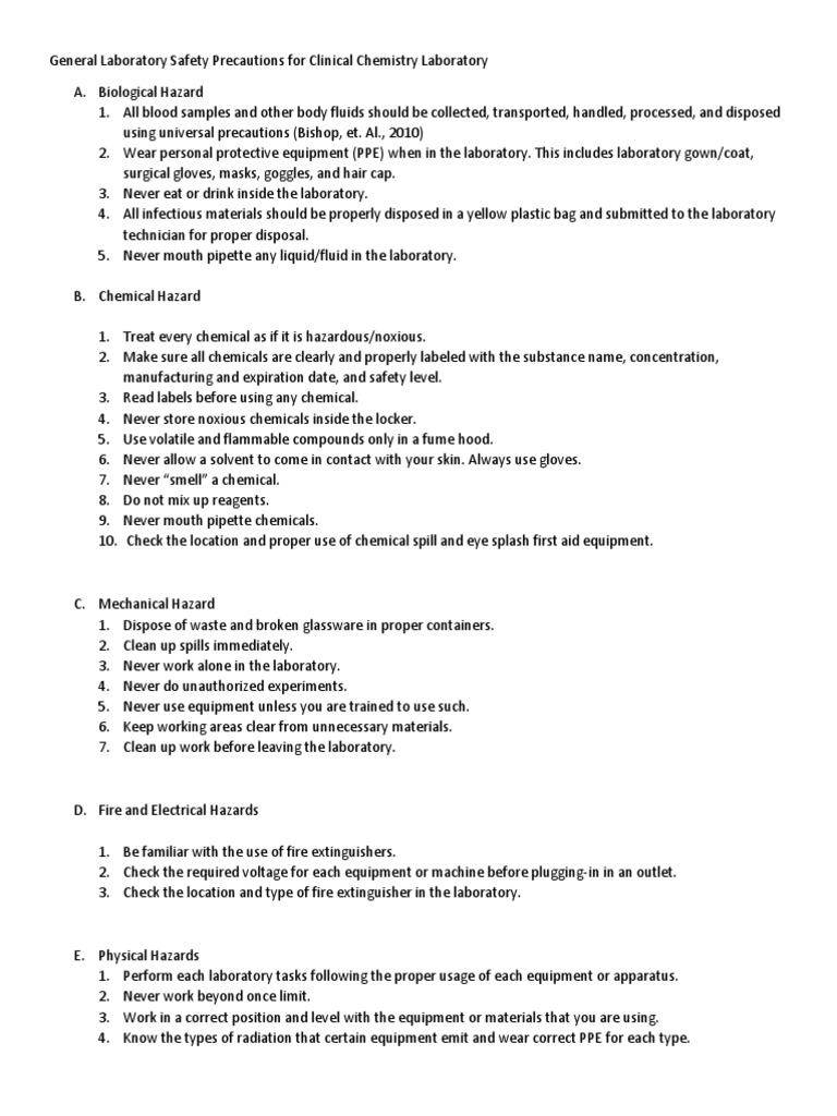 General Laboratory Safety Precautions For Clincal Chemistry Laboratory ...
