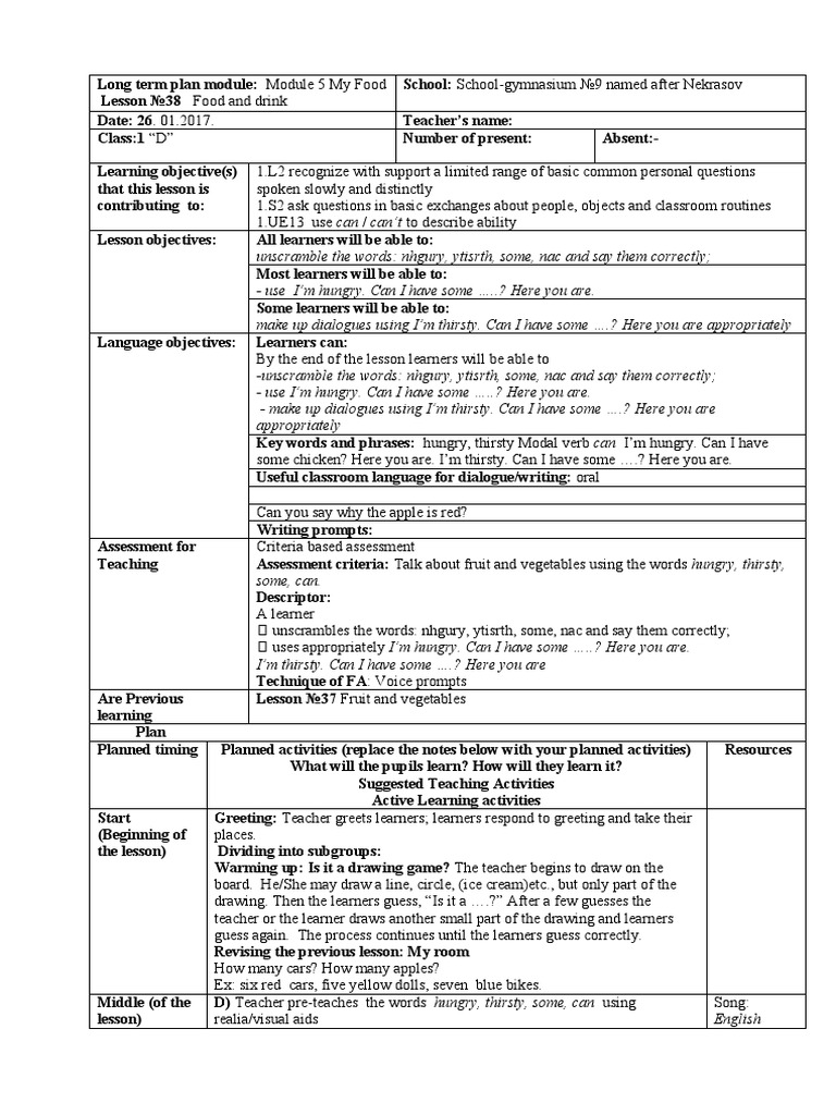 Lesson Plan: Food and Drink Basics | PDF | Learning | Educational ...