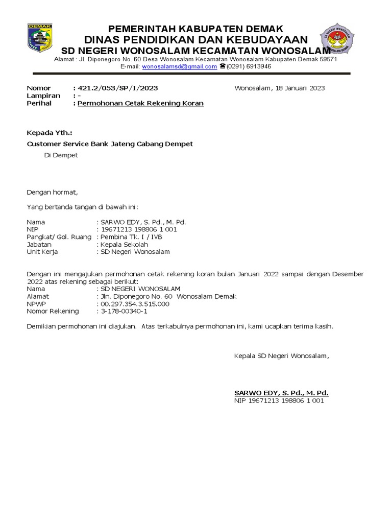 Contoh SURAT PERMOHONAN CETAK REKENING | PDF