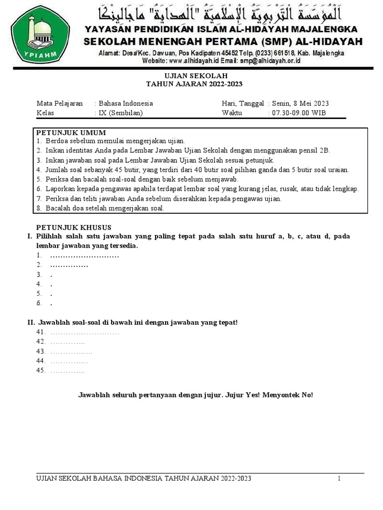 Format Soal Assessment Madrasah Mts | PDF