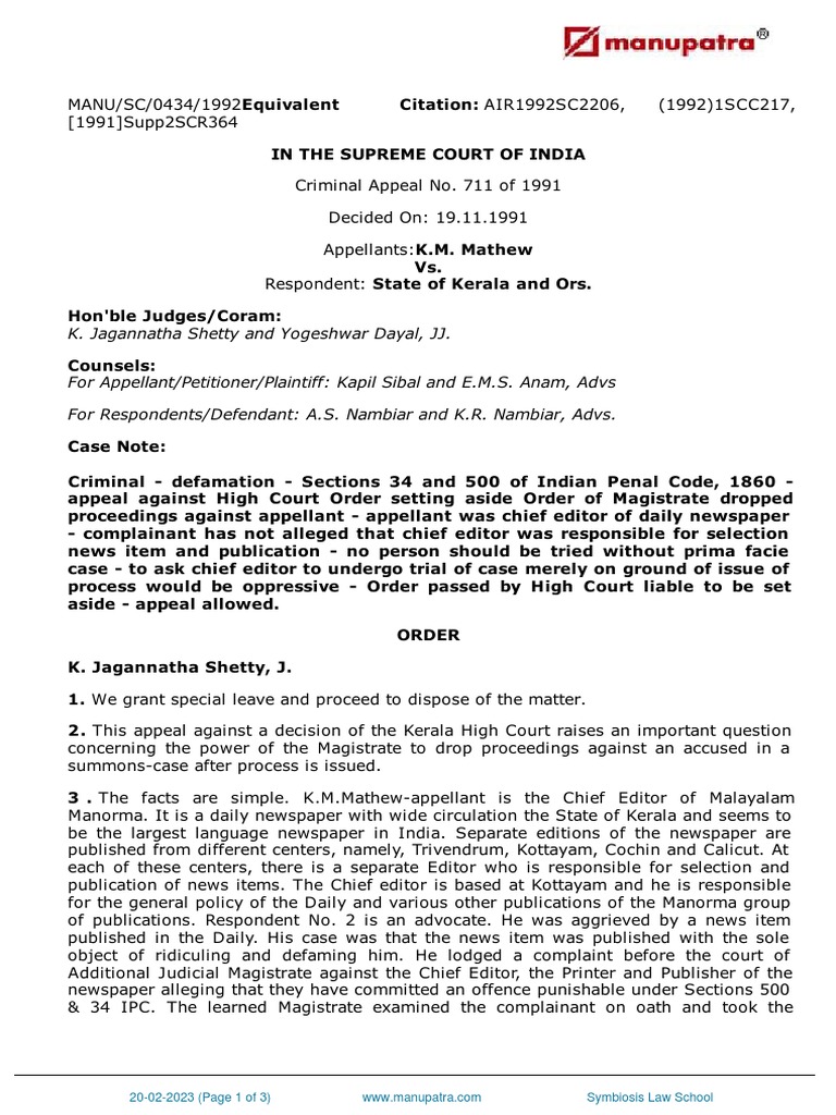 KM Mathew Vs State of Kerala and Ors 19111991 SC0213s920012COM637 | PDF ...