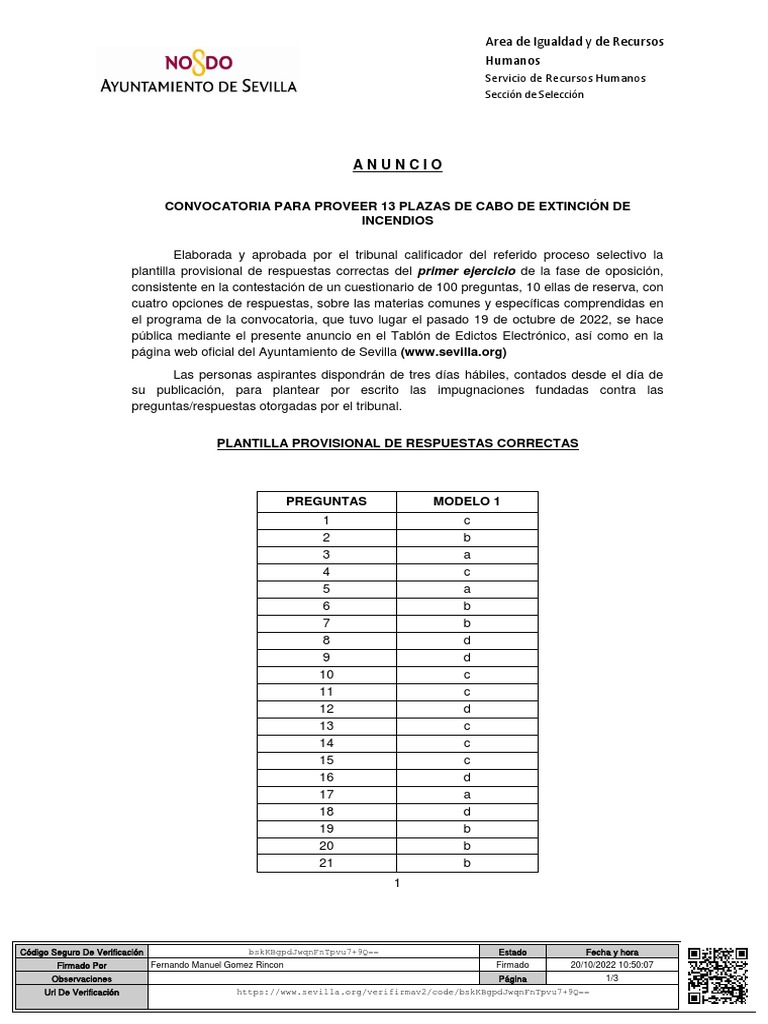 Plantilla provisional de respuestas correctas para el primer ejercicio de la fase de oposición ...