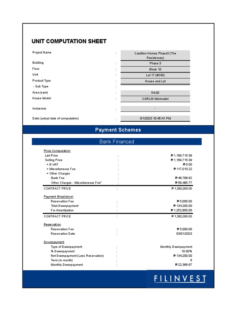 Unit Computation Sheet: Payment Schemes | PDF | Loans | Fee