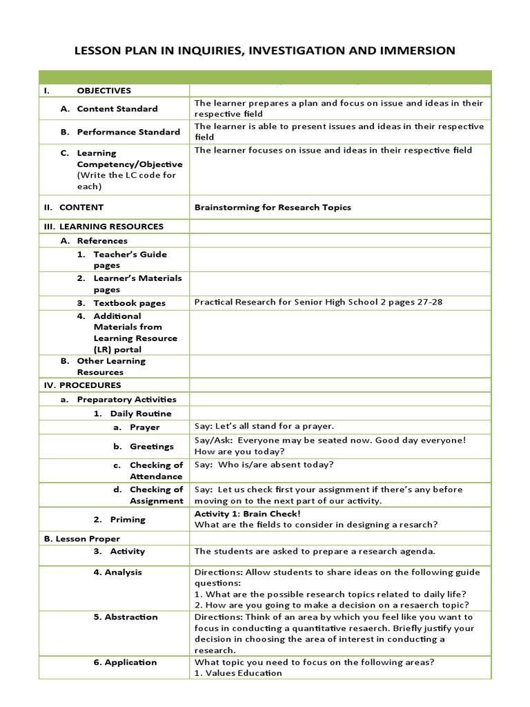 Lesson Plan in Inquiries, Investigation and Immersion | PDF | Learning ...