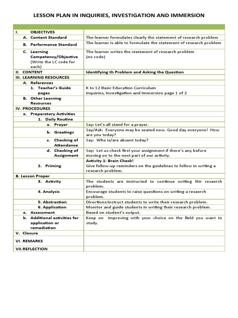 Lesson Plan in Inquiries, Investigation and Immersion | PDF