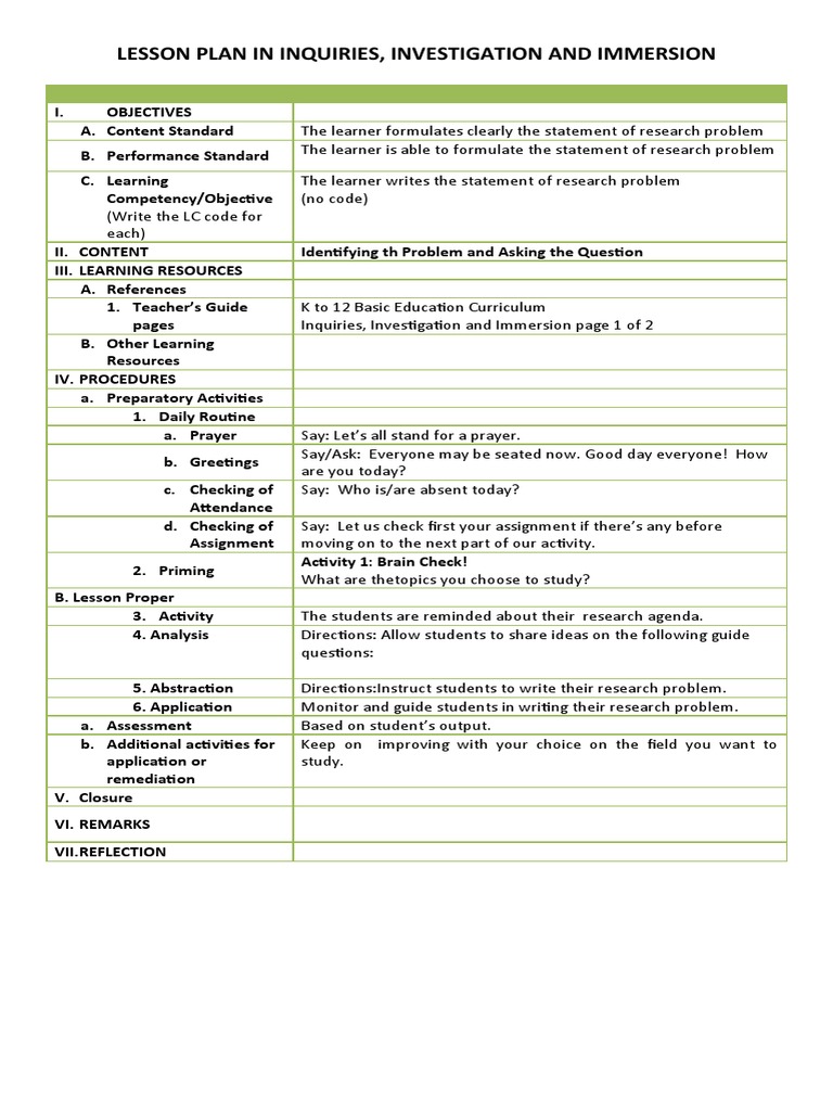 Lesson Plan in Inquiries, Investigation and Immersion | PDF