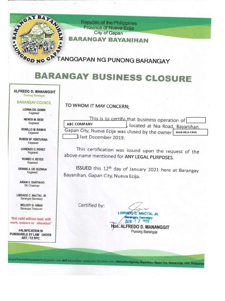 Sample - Brgy - Business Closure | PDF