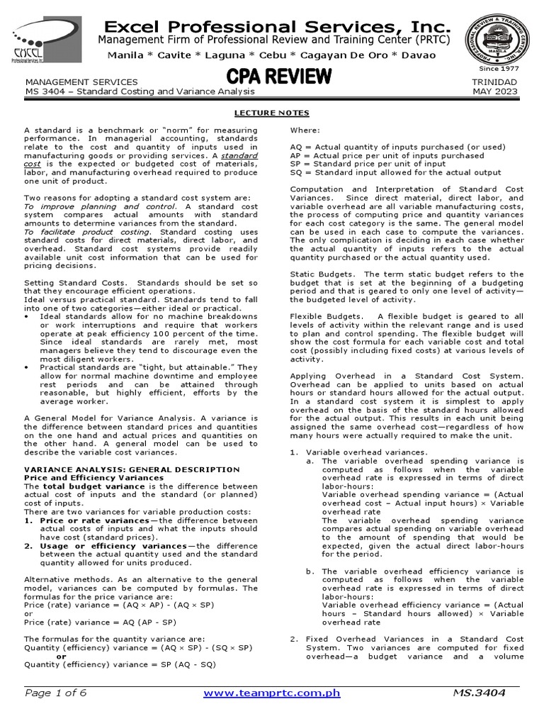 MS 3404 Standard Costing and Variance Analysis | PDF | Cost Of Goods ...