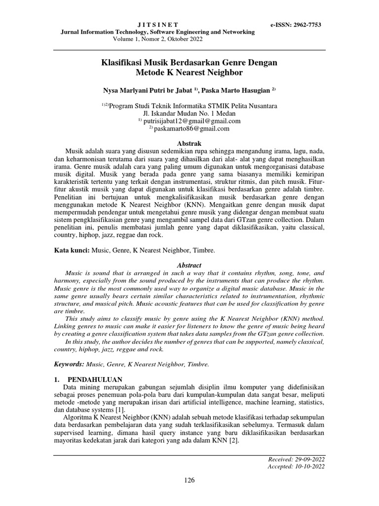Klasifikasi Musik Berdasarkan Genre Dengan Metode K Nearest Neighbor | PDF