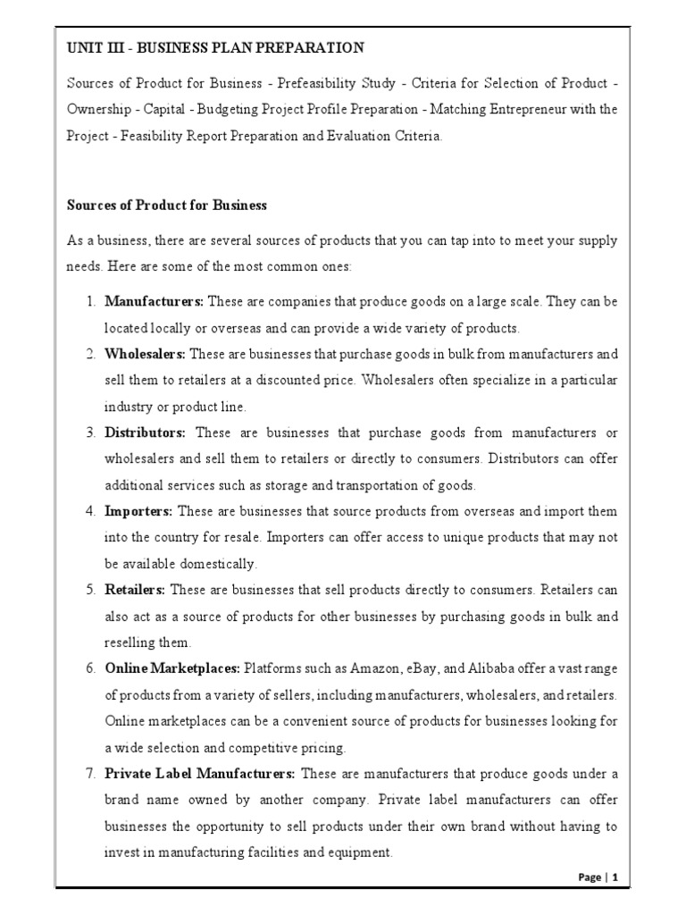 Unit III Business Plan Preparation Entrepreneurship Development | PDF ...