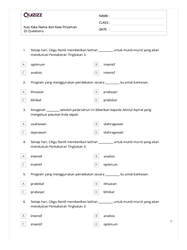 Kuiz Kata Nama Dan Kata Pinjaman | PDF