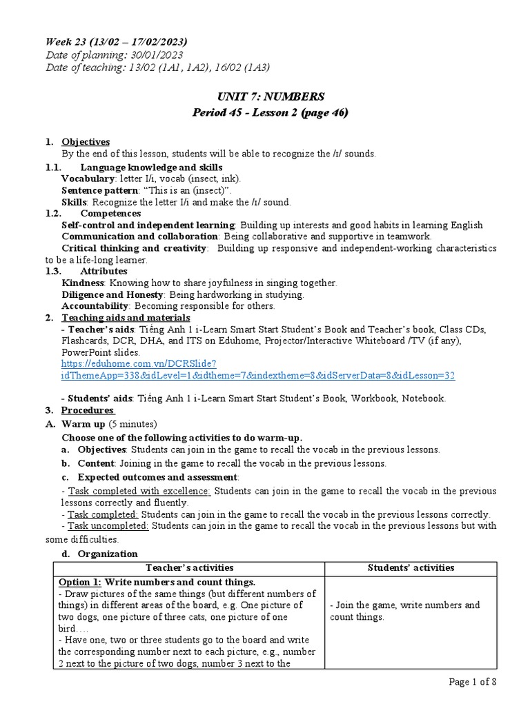 Lesson Plan - Smart Start 1 | PDF | Vocabulary | Teachers