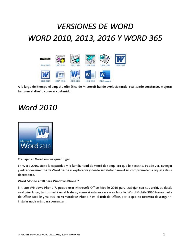 VERSIONES DE WORD Word 2010, 1013, 2016 y Word 365 | PDF | Microsoft ...