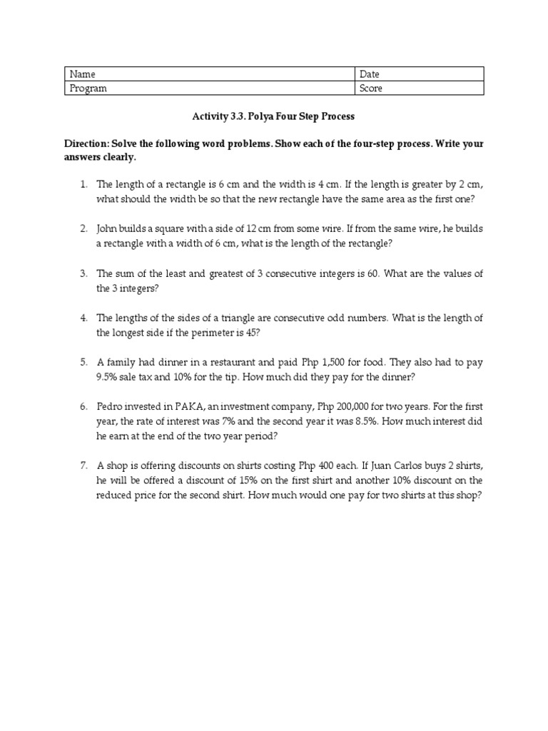 Activity 3.3. Polya Four Step Process Direction: Solve The Following ...