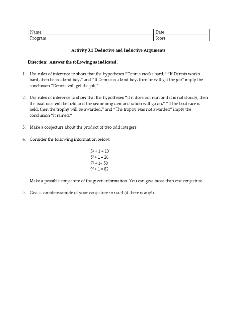 Activity 3.1 Deductive and Inductive Arguments Direction: Answer The Following As Indicated | PDF