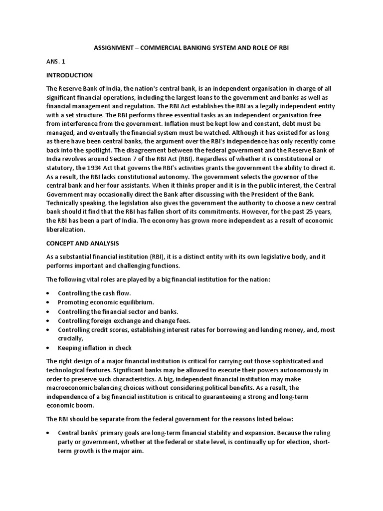 Assignment - Commercial Banking System and Role of RBI | PDF | Banks | Reserve Bank Of India