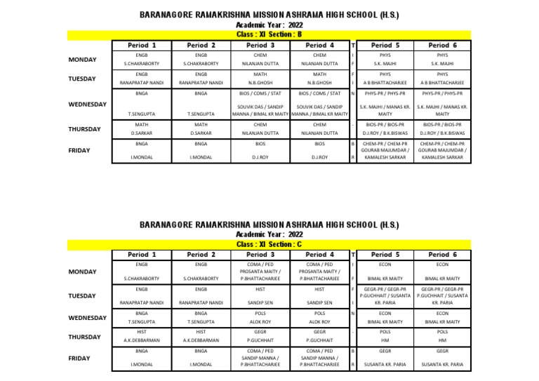 Class Xi Sec Wise Routine 2022 | PDF