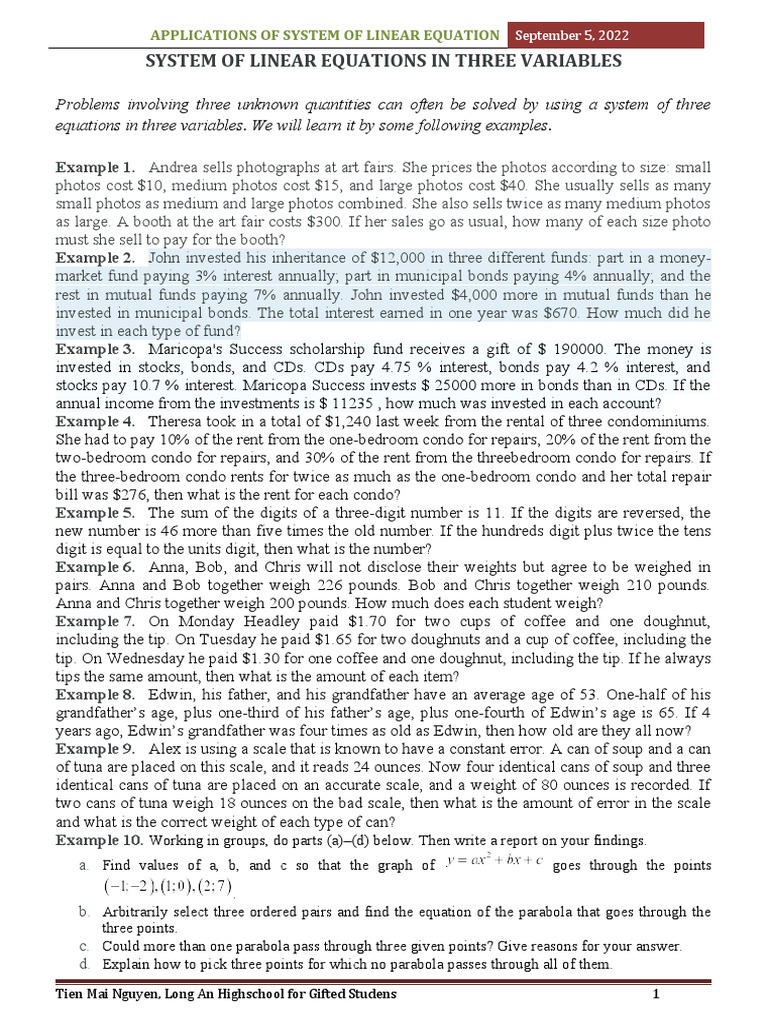 System of Equations in Three Variables | PDF | Interest | Bonds (Finance)