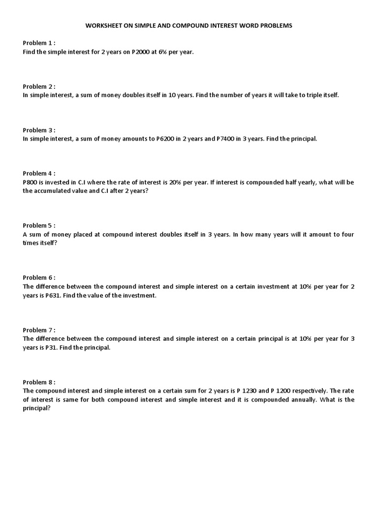 Worksheet on simple and compound interest problems | PDF | Interest ...