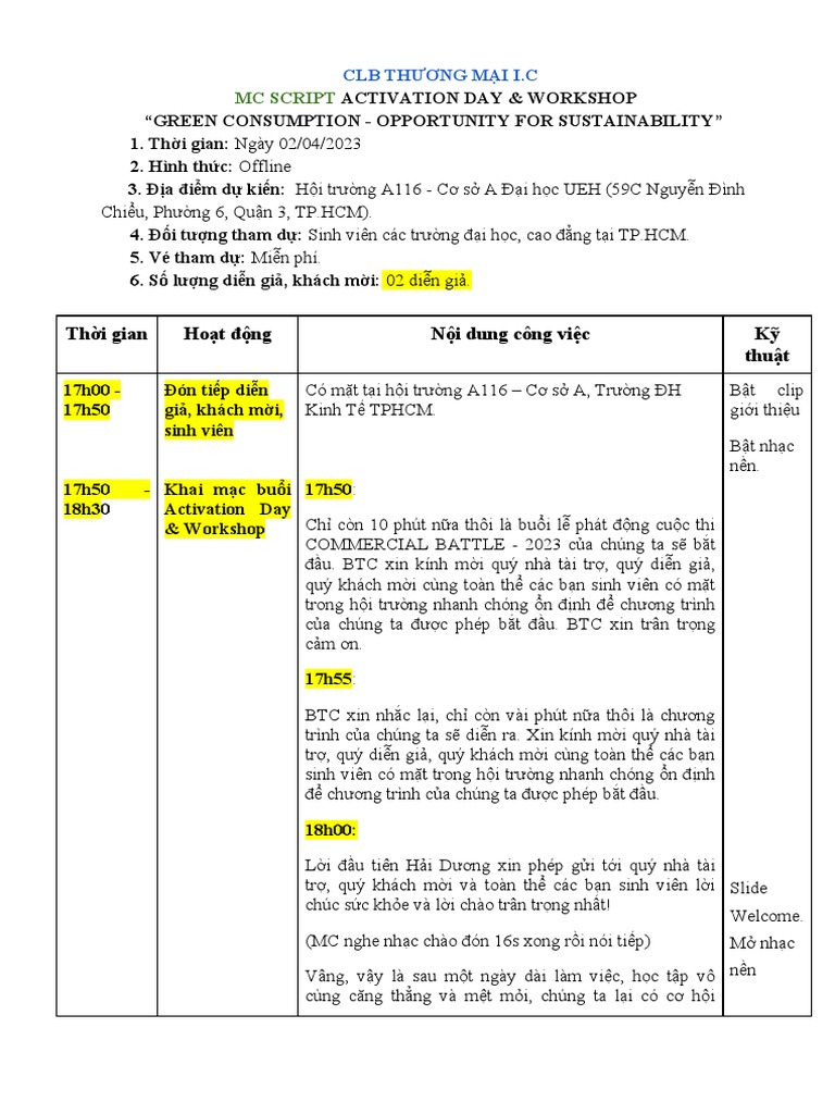 MC SCRIPT ACTIVATION DAY & WORKSHOP (2 diễn giả) | PDF