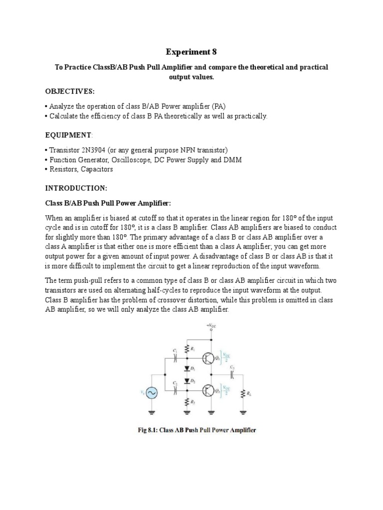 Comparing the Theoretical and Practical Output of a Class B/AB Push-Pull Power Amplifier Through ...
