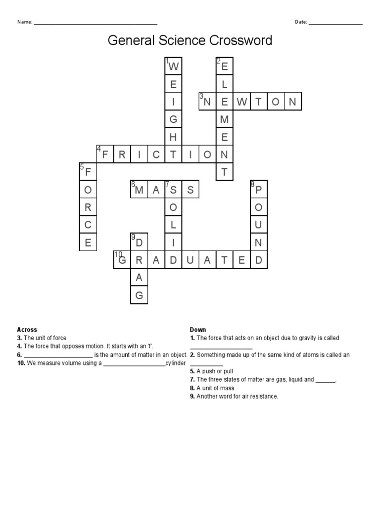 General Science Crossword ANS - WordMint | PDF | Force | Matter