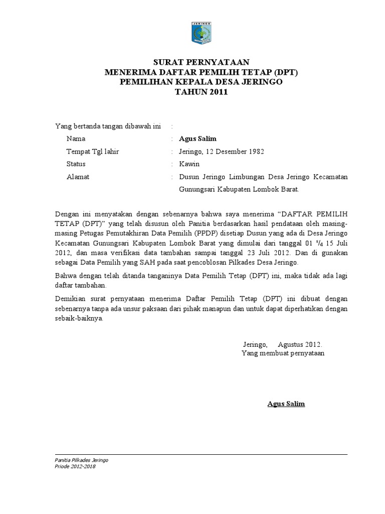 Surat Pernyataan Menerima DPT | PDF