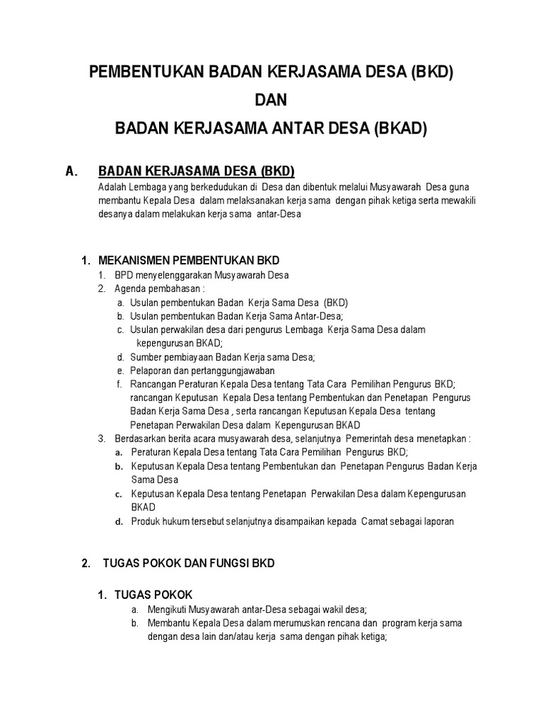 Pembentukan Badan Kerjasama Desa (BKD) DAN Badan Kerjasama Antar Desa (Bkad) | PDF