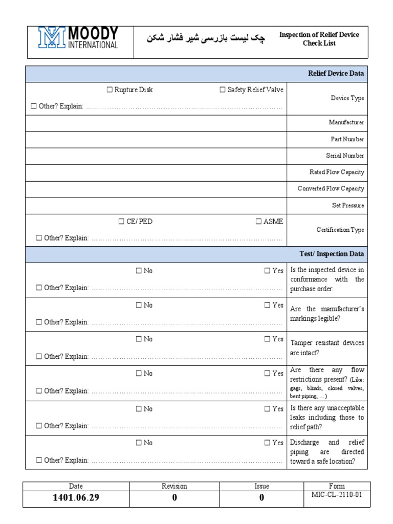 Inspection of Relief Device Check List | PDF | Valve | Equipment