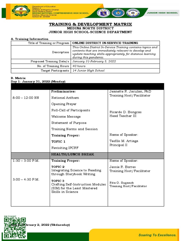 Junior High Science Training Matrix | PDF | Learning | Cognition