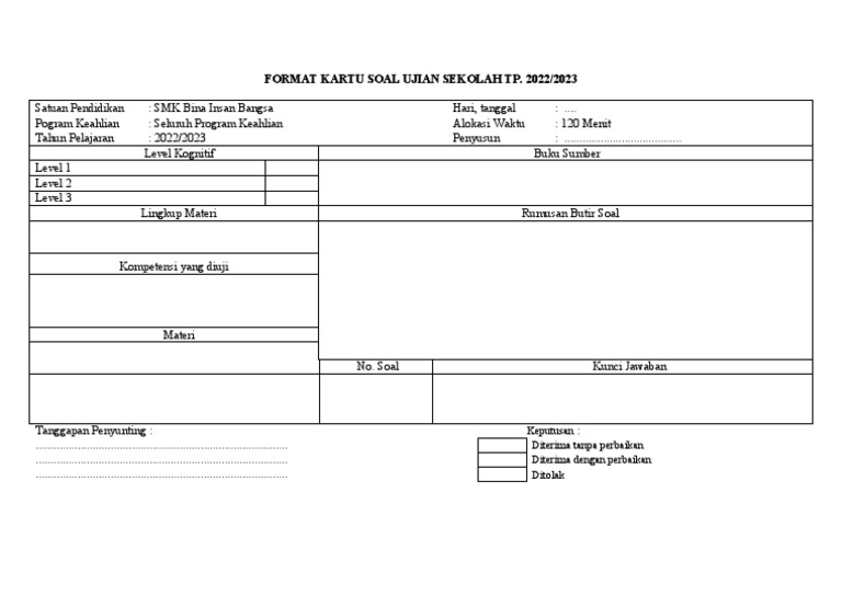 Contoh Format Kartu Soal Ujian Sekolah | PDF