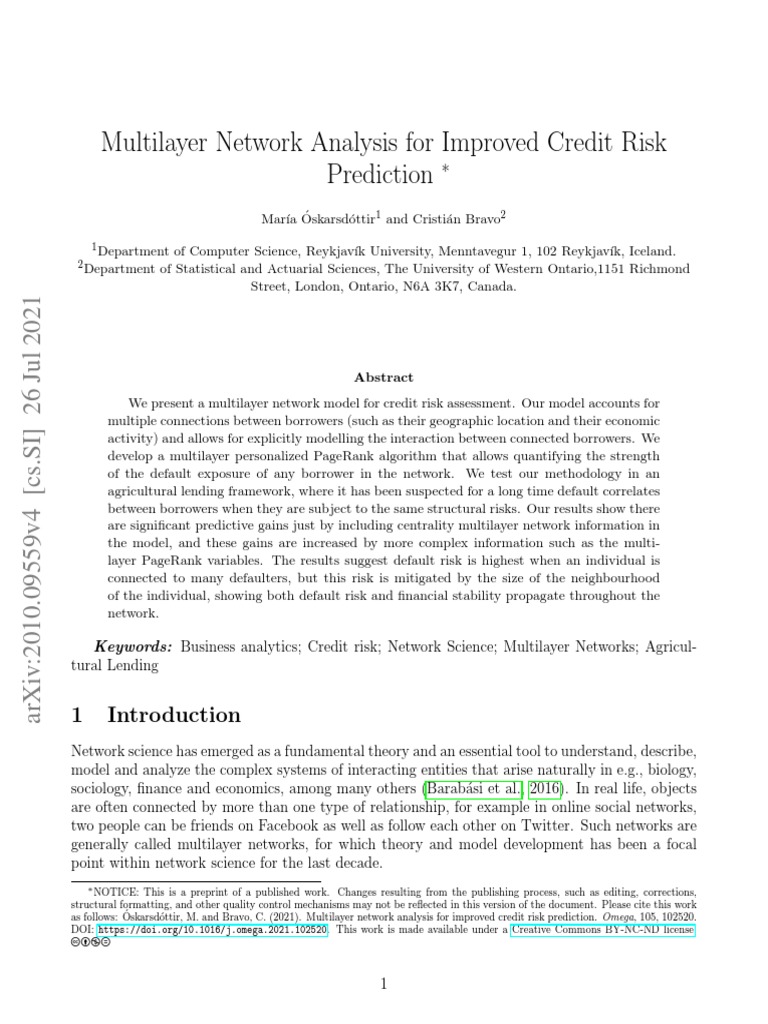 Multilayer Network Analysis For Improved Credit Risk Prediction Pdf Matrix Mathematics