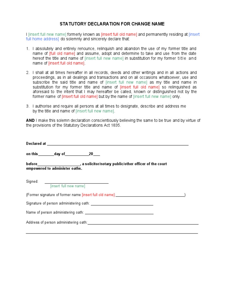 Statutory Declaration for Name Change | PDF | Law
