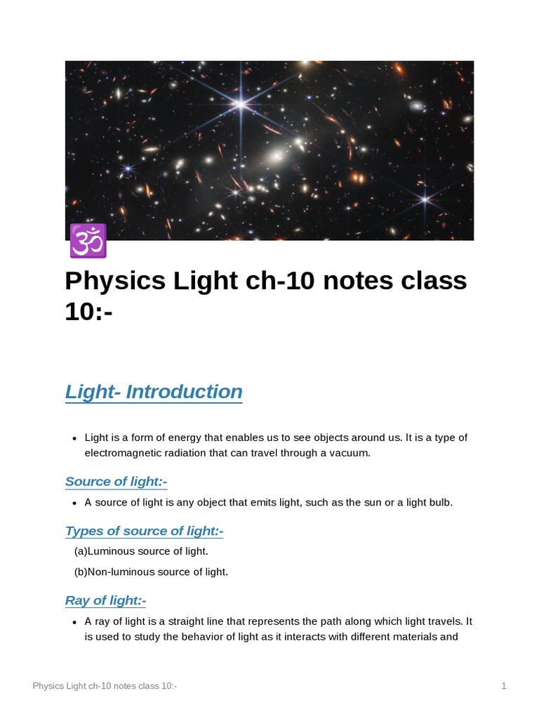Class 10 Physics: Light Chapter Notes | PDF | Mirror | Light